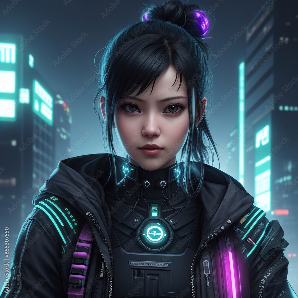 A cyberpunk avatar in a neon-lit city. The suit has blue lights and a ...