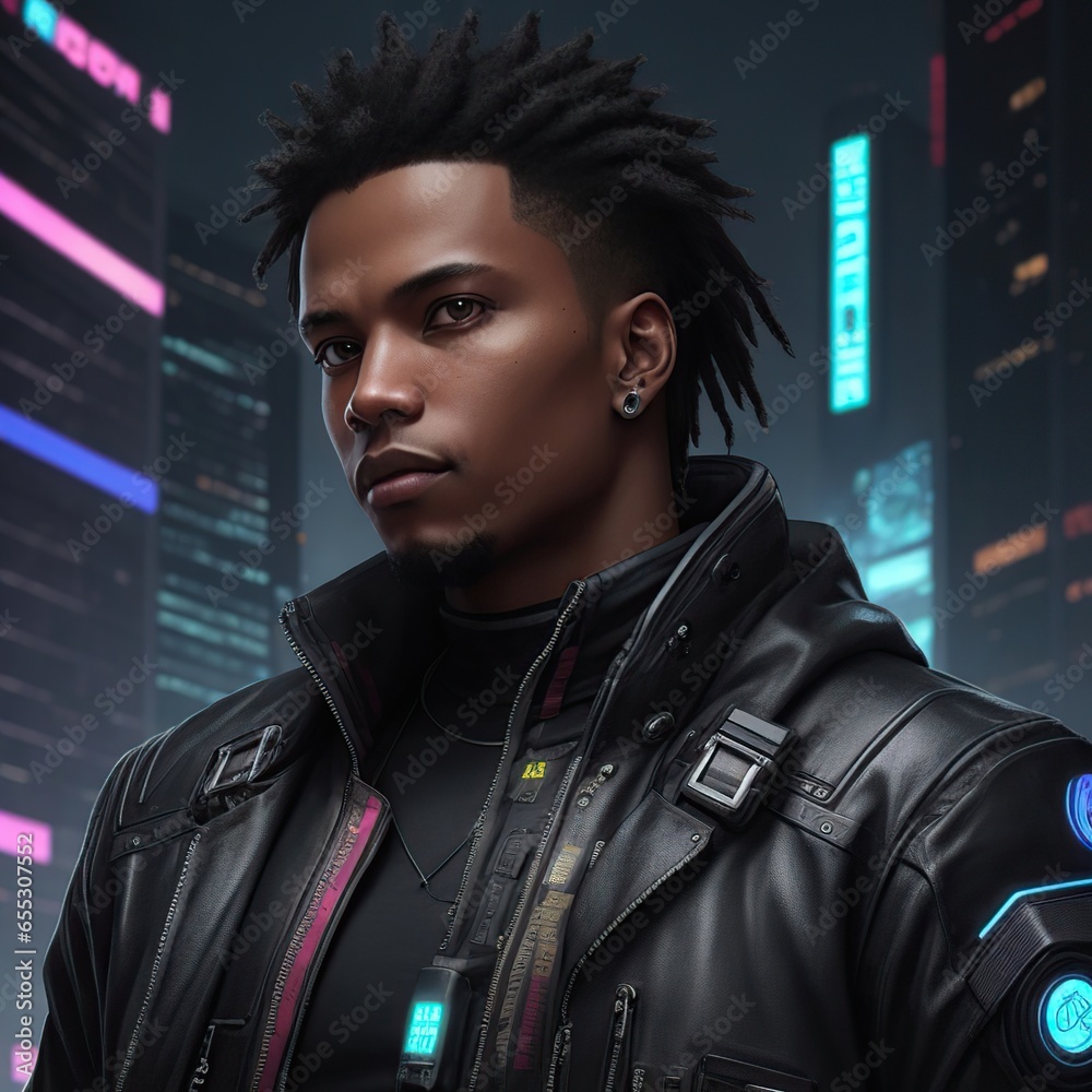 A cyberpunk avatar in a neon-lit city. The suit has blue lights and a ...