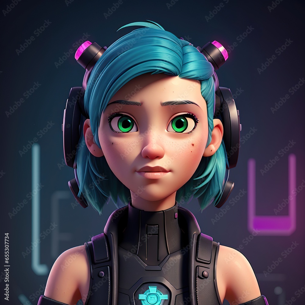 A cyberpunk avatar in a neon-lit city. The suit has blue lights and a ...