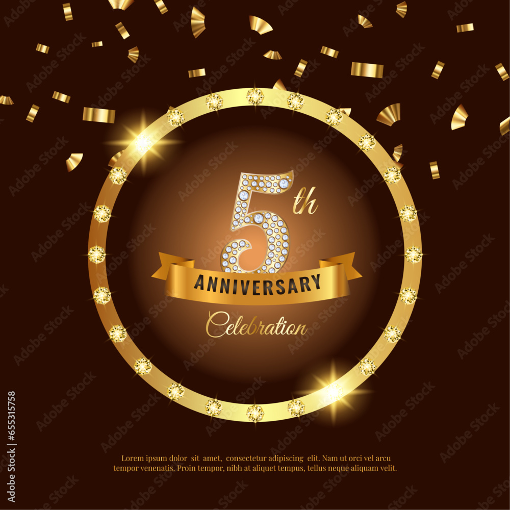 Celebration of the 5th anniversary. Design with a golden round frame ...