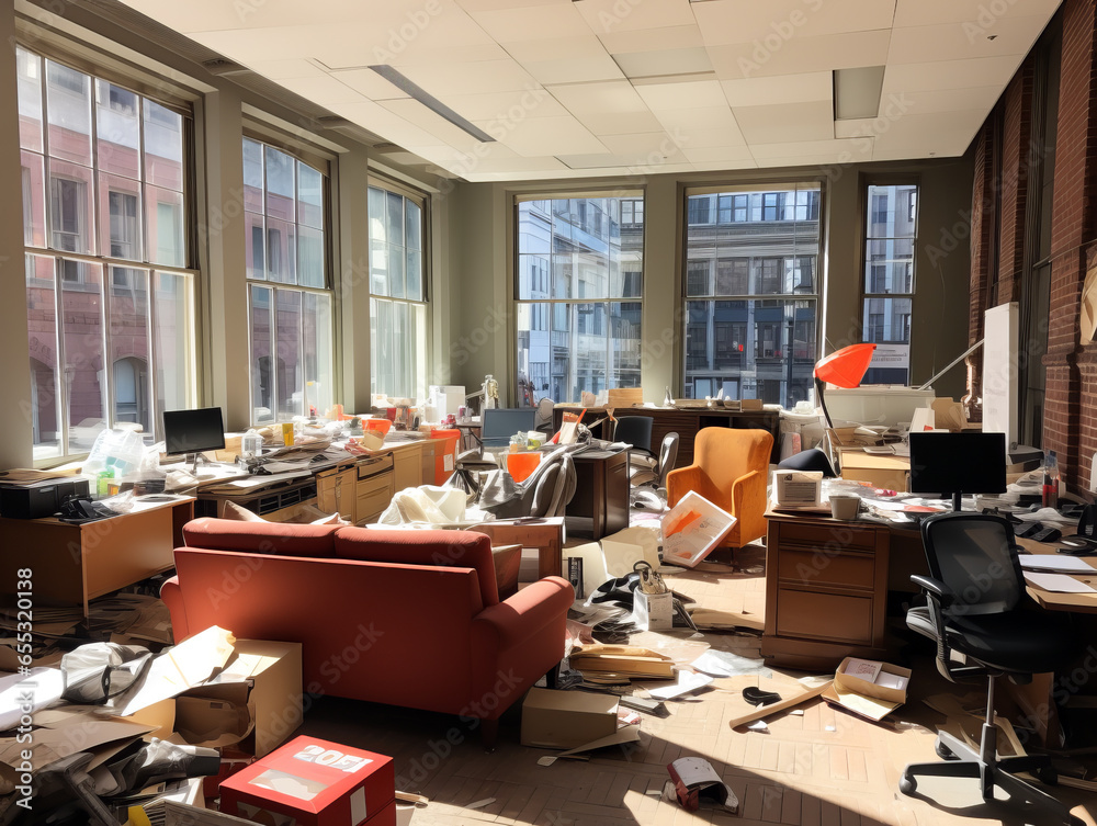 Messy office interior with a lot of paperwork and furniture left on the ...