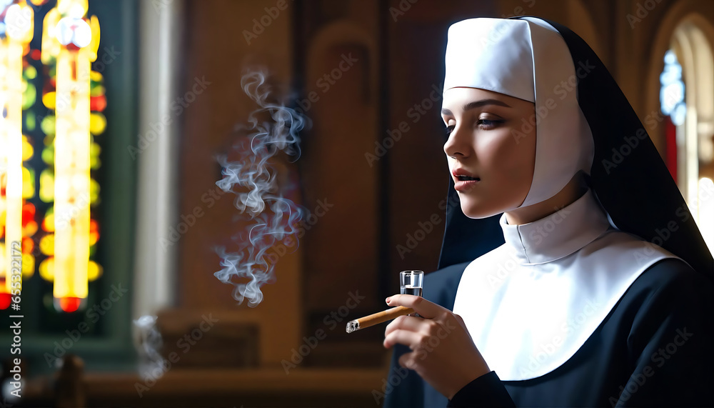 young Sexy nun smoking big cuban cigar and alcohol in glass on catholic ...