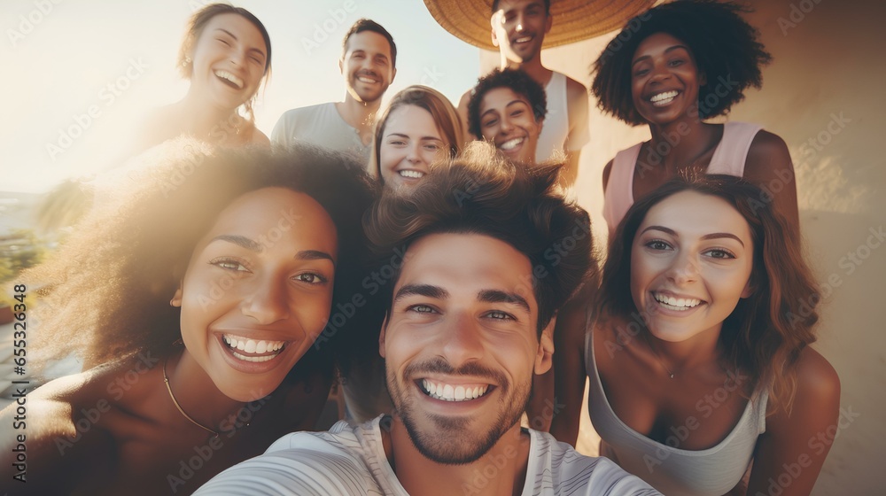 happy multiracial people taking a selfie with mobile phone with back sunlight - Multiethnic ...