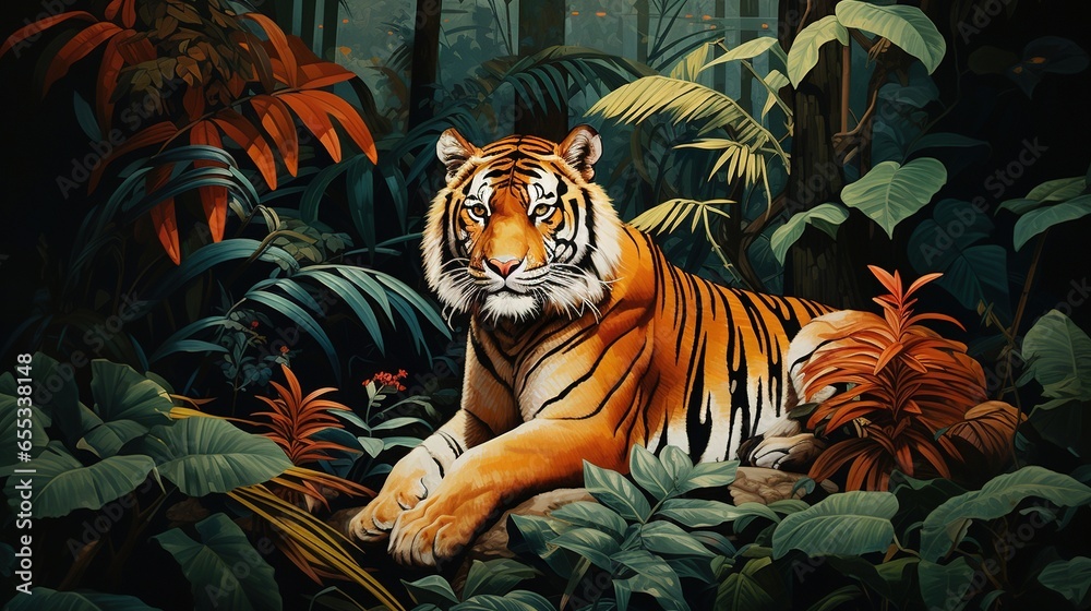 a painting of a tiger laying in the middle of a jungle. generative ai ...