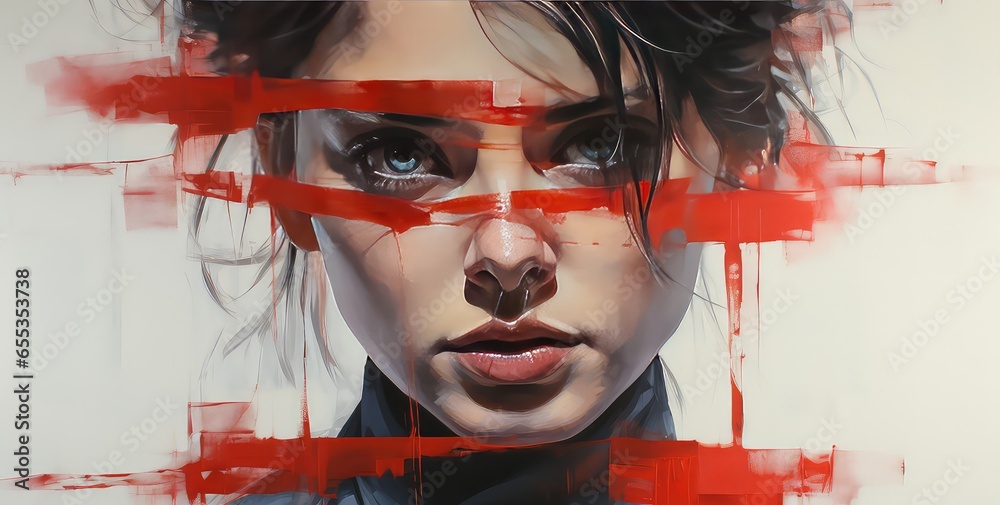 A feminist woman restricted by blood-red paint stripes, emphasizing ...