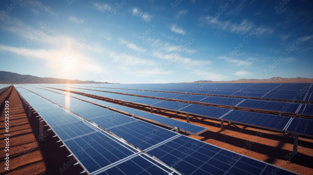 A sprawling solar panel farm stretching across acres, harnessing ...