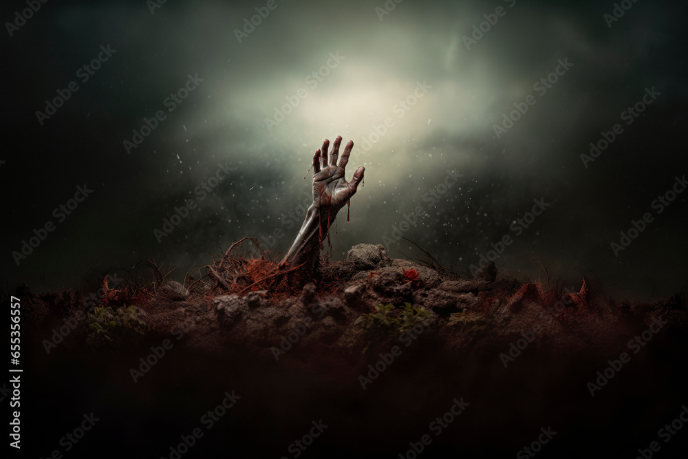 Rising Horror. A Terrifying Scene as a Zombie Hand Emerges from the ...