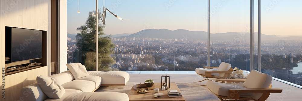 Minimalist apartment or penthouse with city view. Interior design of ...