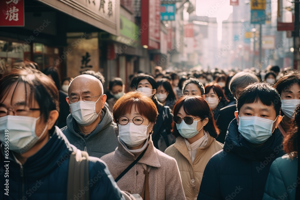 Crowd of east Asian people walking street wearing masks Stock Photo ...