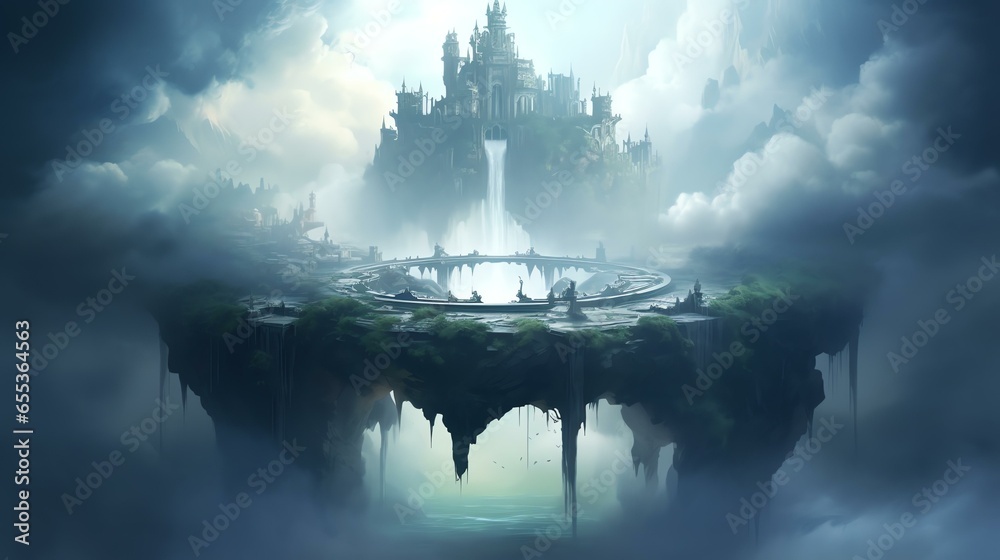 Envision a floating island cloaked in mist and secrecy, inhabited by ...