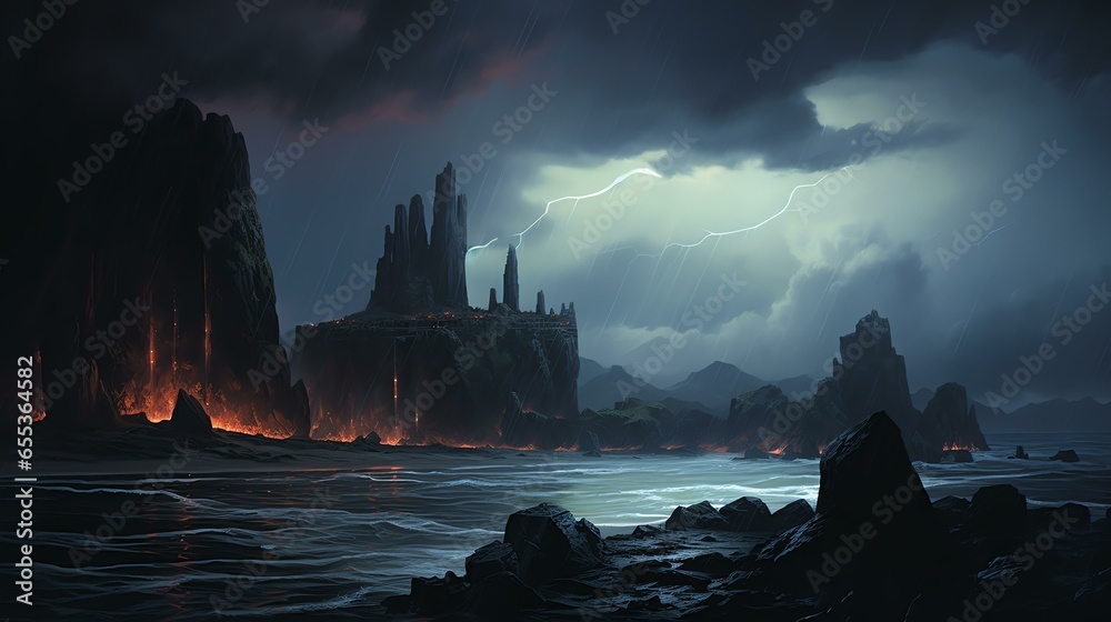 Picture an island surrounded by a perpetual storm, where lightning ...