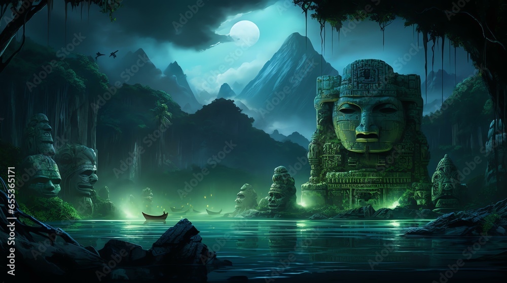 Envision an island where echoes of past civilizations linger, with ...