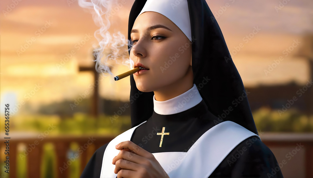 young Sexy nun smoking big cuban cigar and alcohol in glass on catholic ...