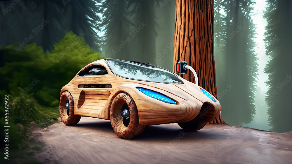 Car made out of wood, recharges from the sap of trees. Call it the WOOD ...
