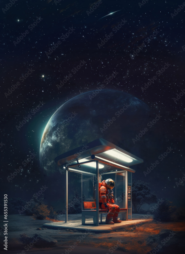 Interstellar traveller awaiting a bus under unfamiliar night sky of ...