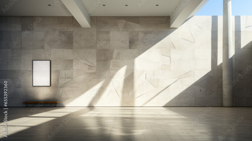 empty museum room with a minimalist bench and a textured picture on the ...