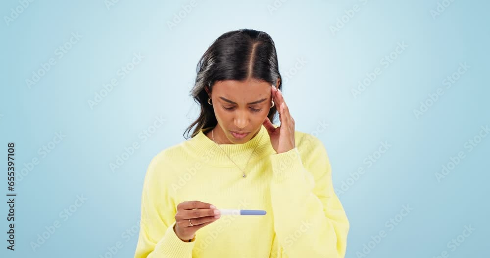 Scared, pregnancy test and woman with results and news waiting with ...