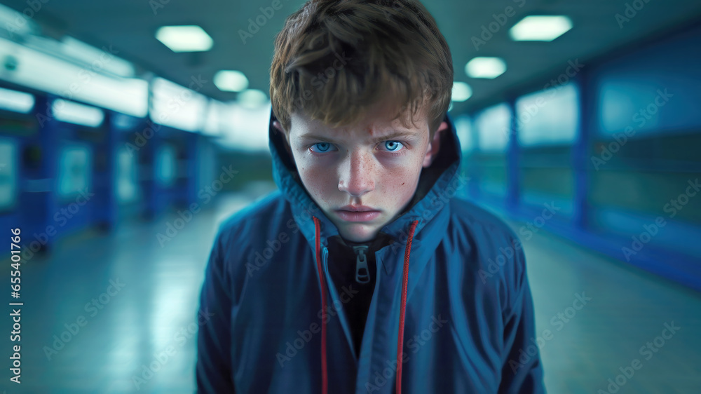 Teenage boy with a defiant and intense look from under lowered brows ...