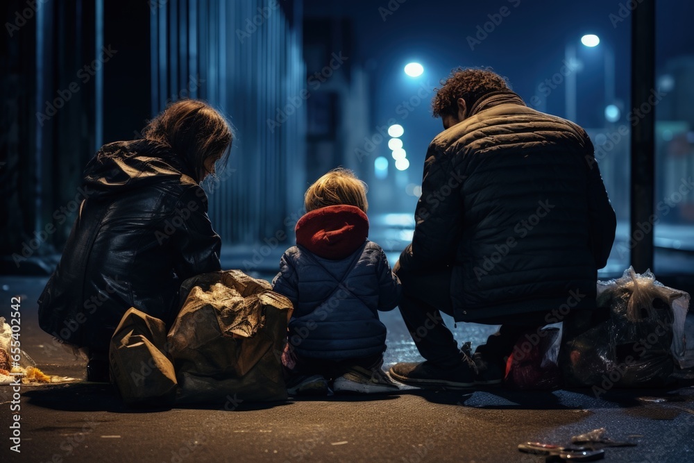 Homeless family living on the streets, at night, facing away from ...