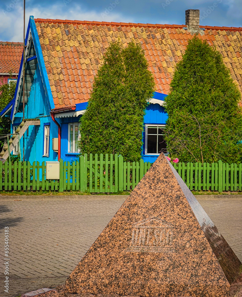 01 10 2023 - Nida, Lithuania. UNESCO logo on the monument to the United ...