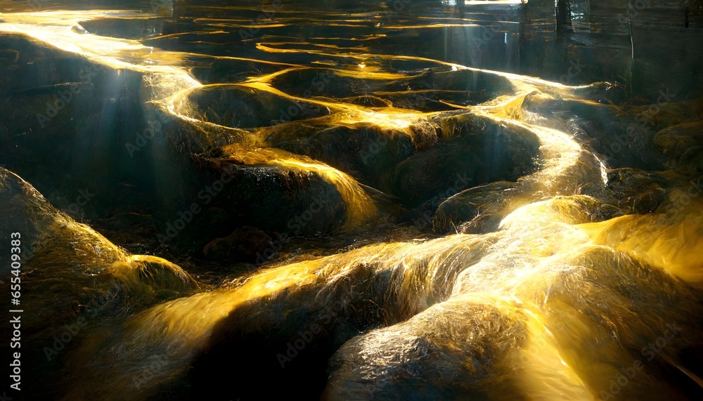 bottom of fast flowing river light rays penetrate water photorealism ...