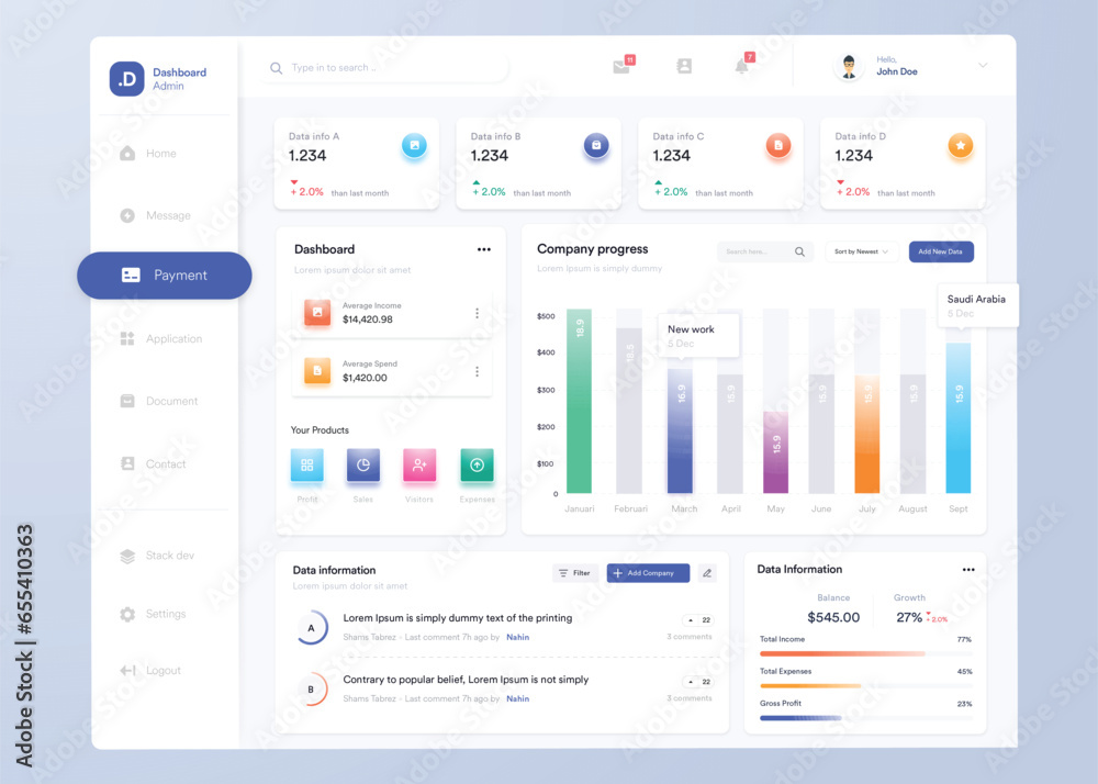 Infographic dashboard. UI design with graphs, charts and diagrams. Web ...
