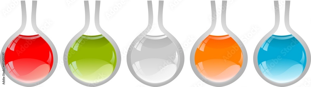 Set of round chemical containers with coloured liquids, on a ...