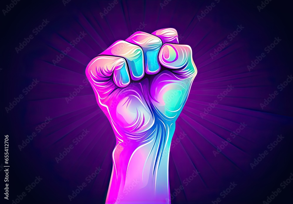 A clenched fist is raised upward. A symbol of protest, rebellion and ...
