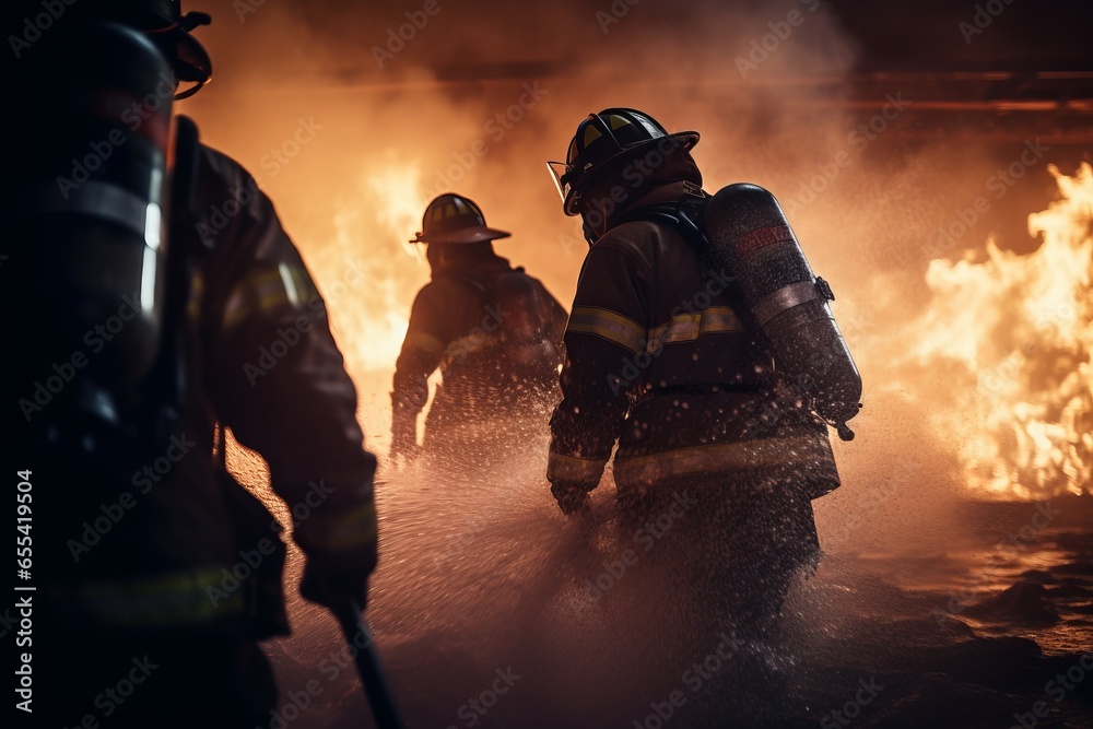 firefighters wearing full equipment fighting against fire in a burning ...
