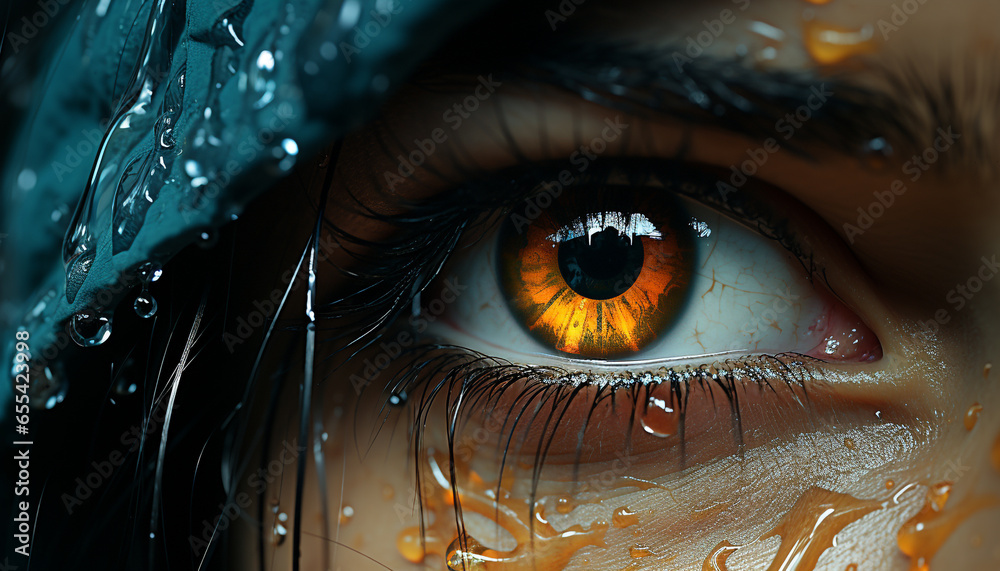 Caucasian woman wet eye looking at camera, reflecting nature freshness ...