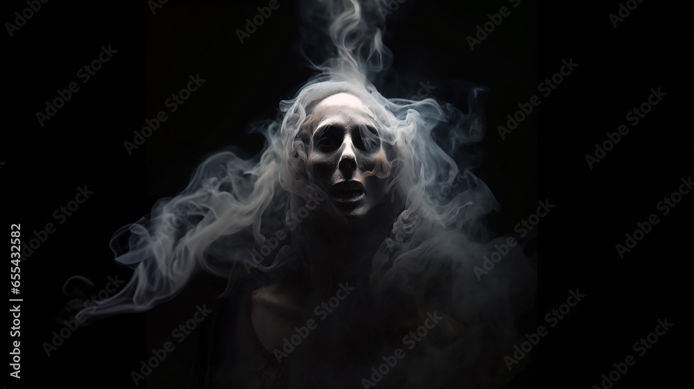 Scary Ghost Head on Dark Background. Skull Engulfed in a Gray Smoke ...