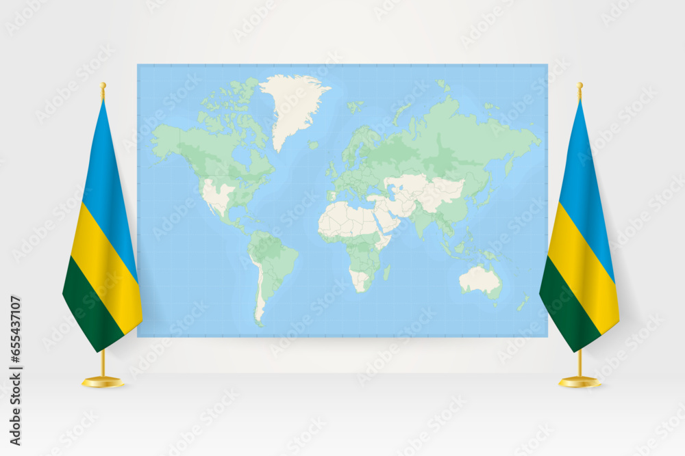World Map between two hanging flags of Rwanda flag stand. Stock Vector ...