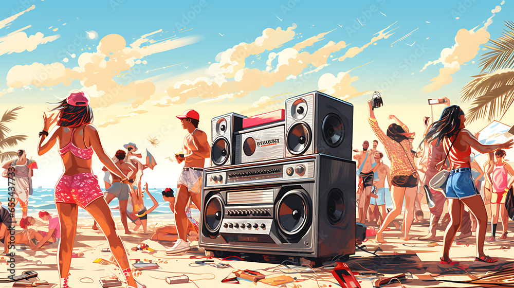 A 90s beach party, with people in vibrant board shorts and crop tops ...