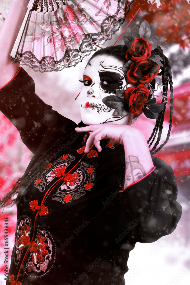 Catrina, mexico, Japon, cosplay, abanico, kimono, nieve, otoño, dia de ...