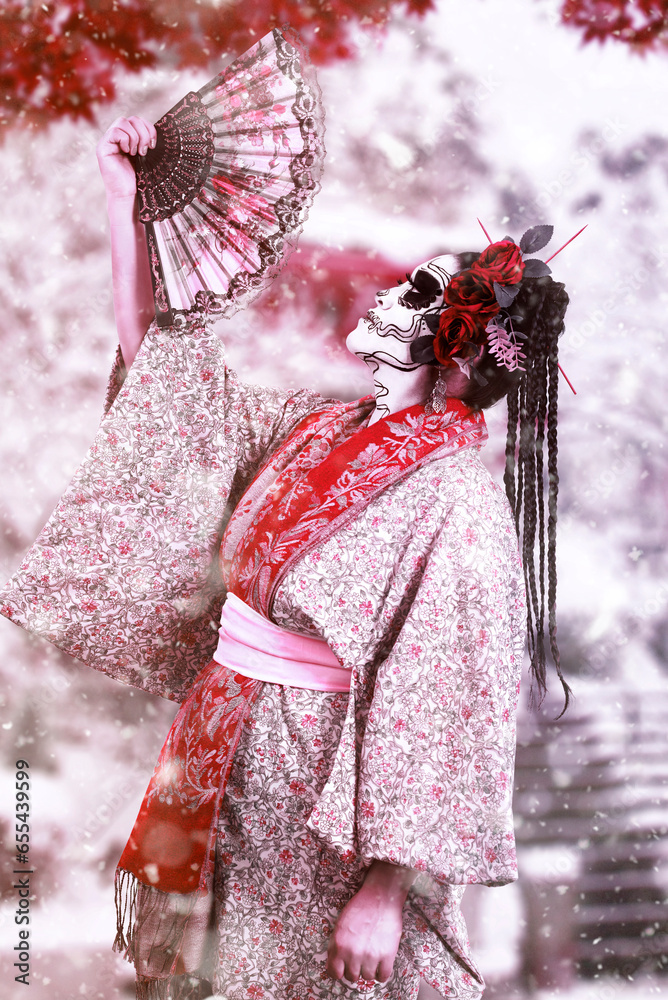Catrina, mexico, Japon, cosplay, abanico, kimono, nieve, otoño, dia de ...