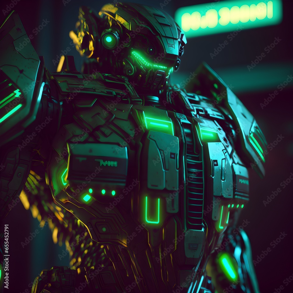 security robot neon green lights guns dark Ultra realistic f35mm 8k HD ...