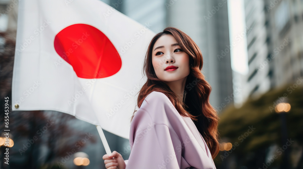 Generative AI, cute beautiful young Japanese woman holding the flag of ...