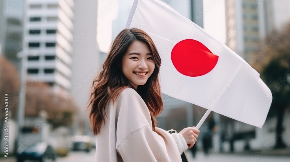 Generative AI, cute beautiful young Japanese woman holding the flag of ...