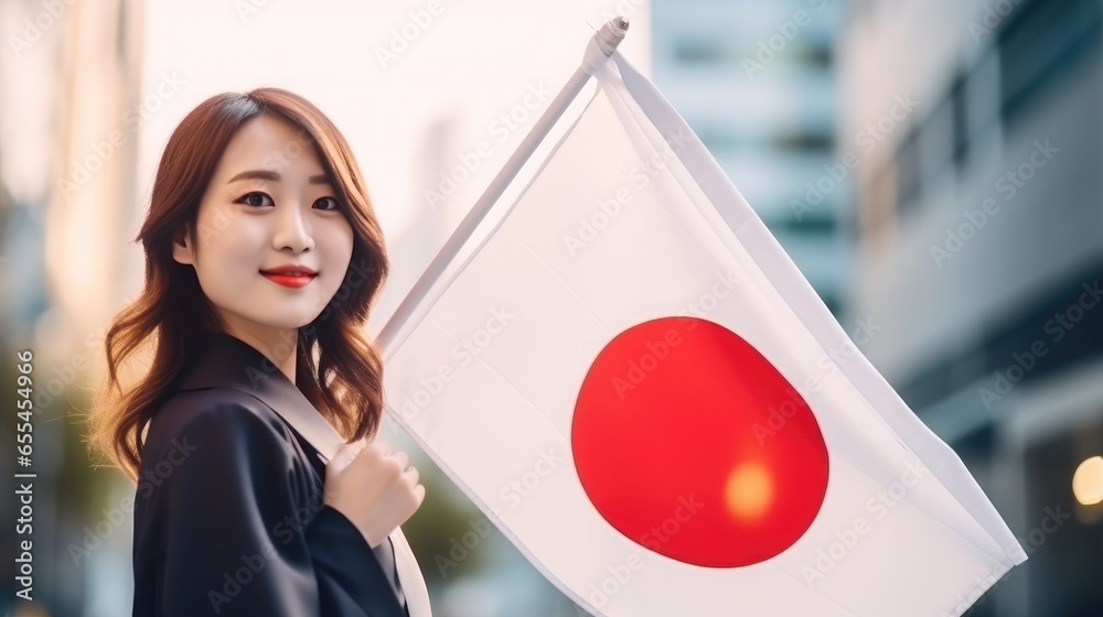Generative AI, cute beautiful young Japanese woman holding the flag of ...