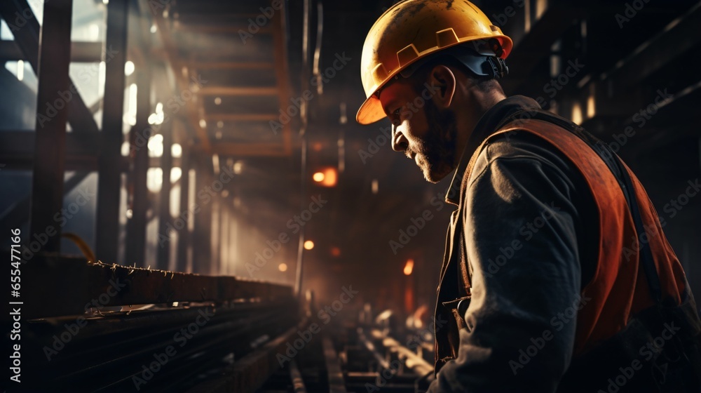 Cinematic construction site worker with safety helm looking at the ...