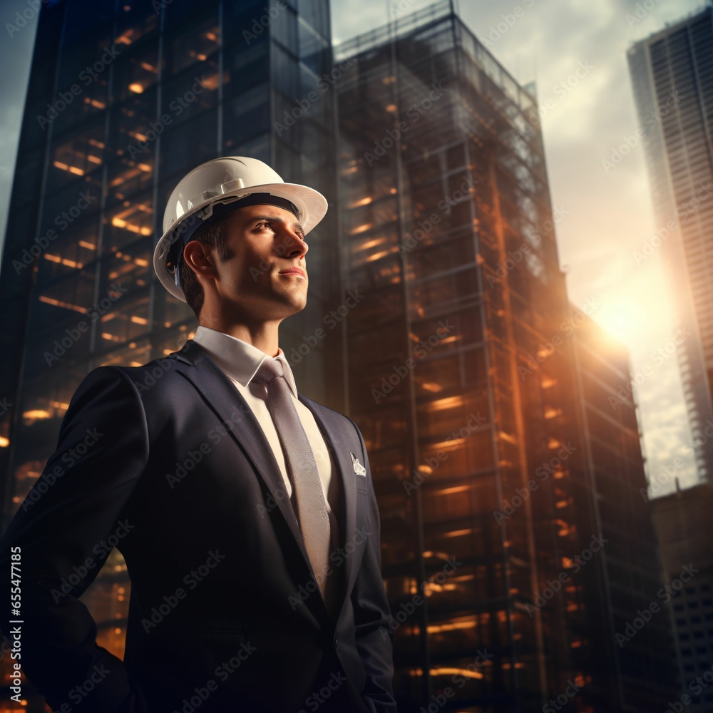 Male architects with blazer and safety helm standing at construction ...