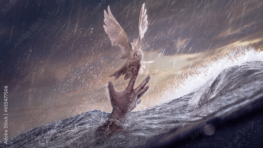 Drowning hand reaching out Holy Spirit pigeon in ocean storm. Stock ...