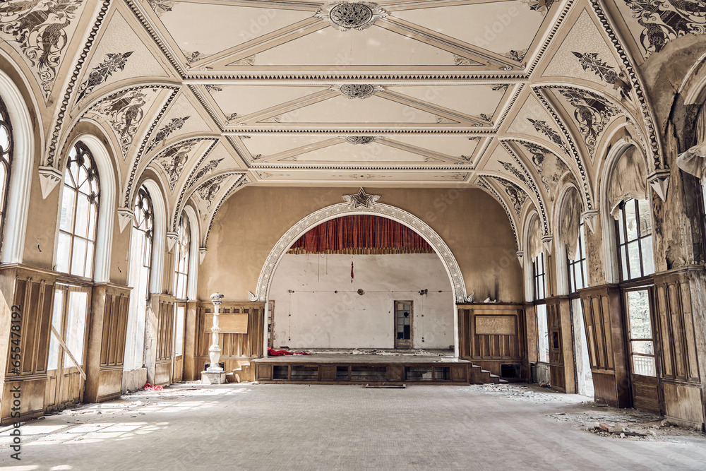 Luxurious ancient hall with theater stage with red curtain and star ...