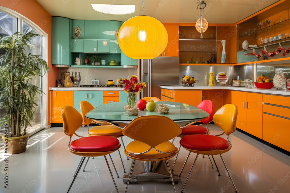 Poster Step into a vibrant modern kitchen with groovy 1970s disco vibes ...
