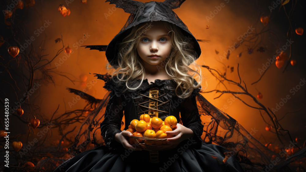 Cute child, little girl in witch costume, portrait of kid on Halloween ...