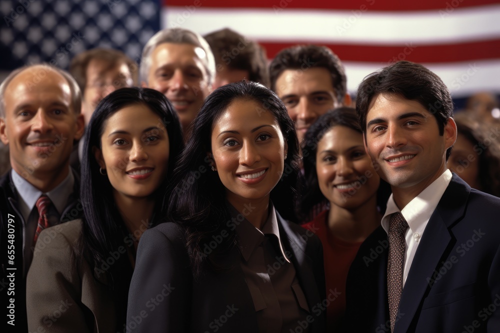 Group of immigrants in front of a US flag the day of their ...