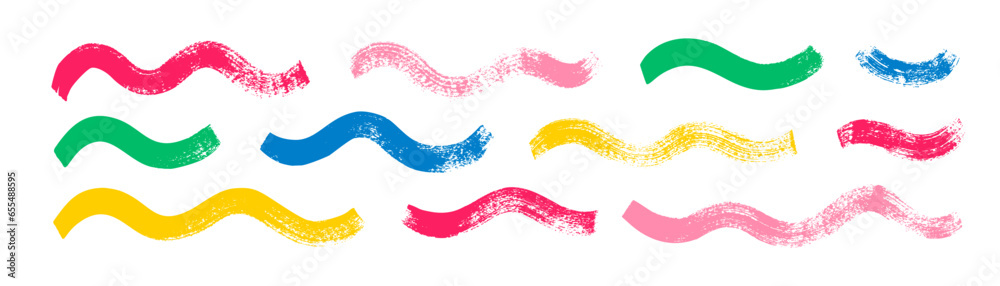Colorful wavy bold lines collection. Brush drawn simple squiggly ...