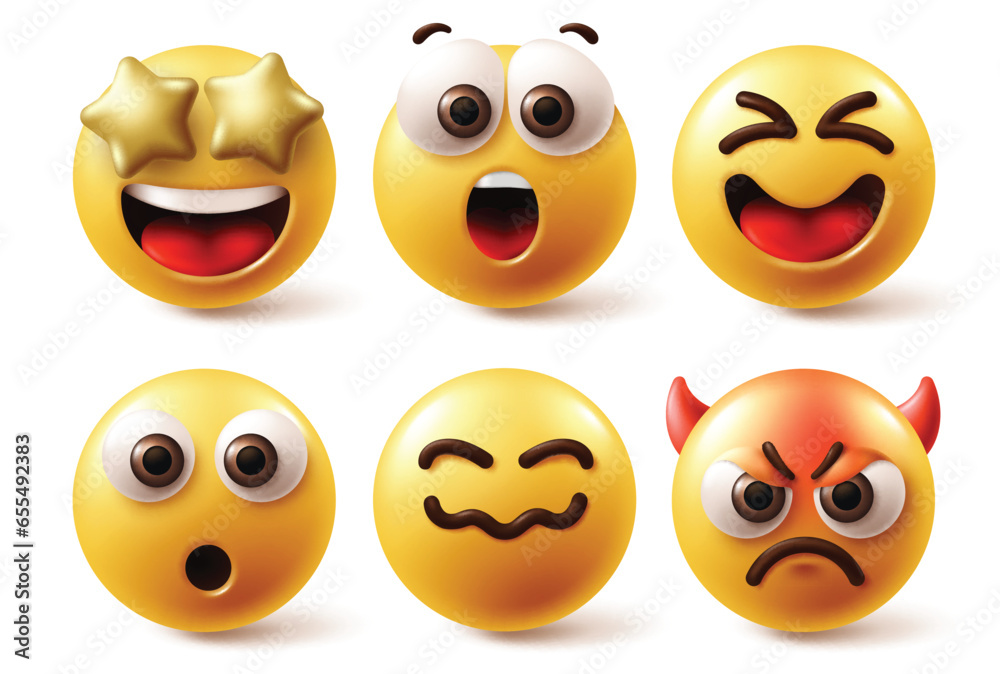 Emoji face characters vector set. Emoticon emojis reactions like happy ...