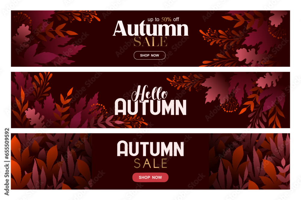Vector autumn banner templates collection with colorful leaves and ...