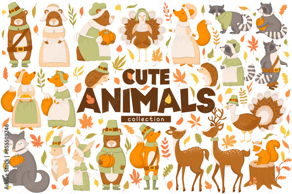 Cute autumn animals vector collection. Bears, foxes, turkeys, racoons ...
